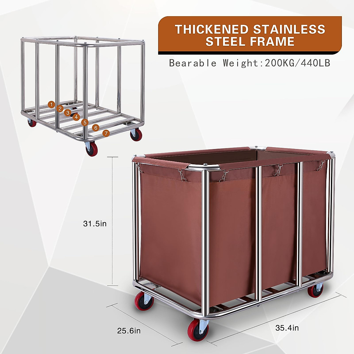 Commercial Laundry cart with Wheels,400L Large Laundry Basket with Wheels,Laundry Hamper on Wheels Heavy Duty with Steel Frame and Oxford Cloth, 440Lbs Load (Brown)