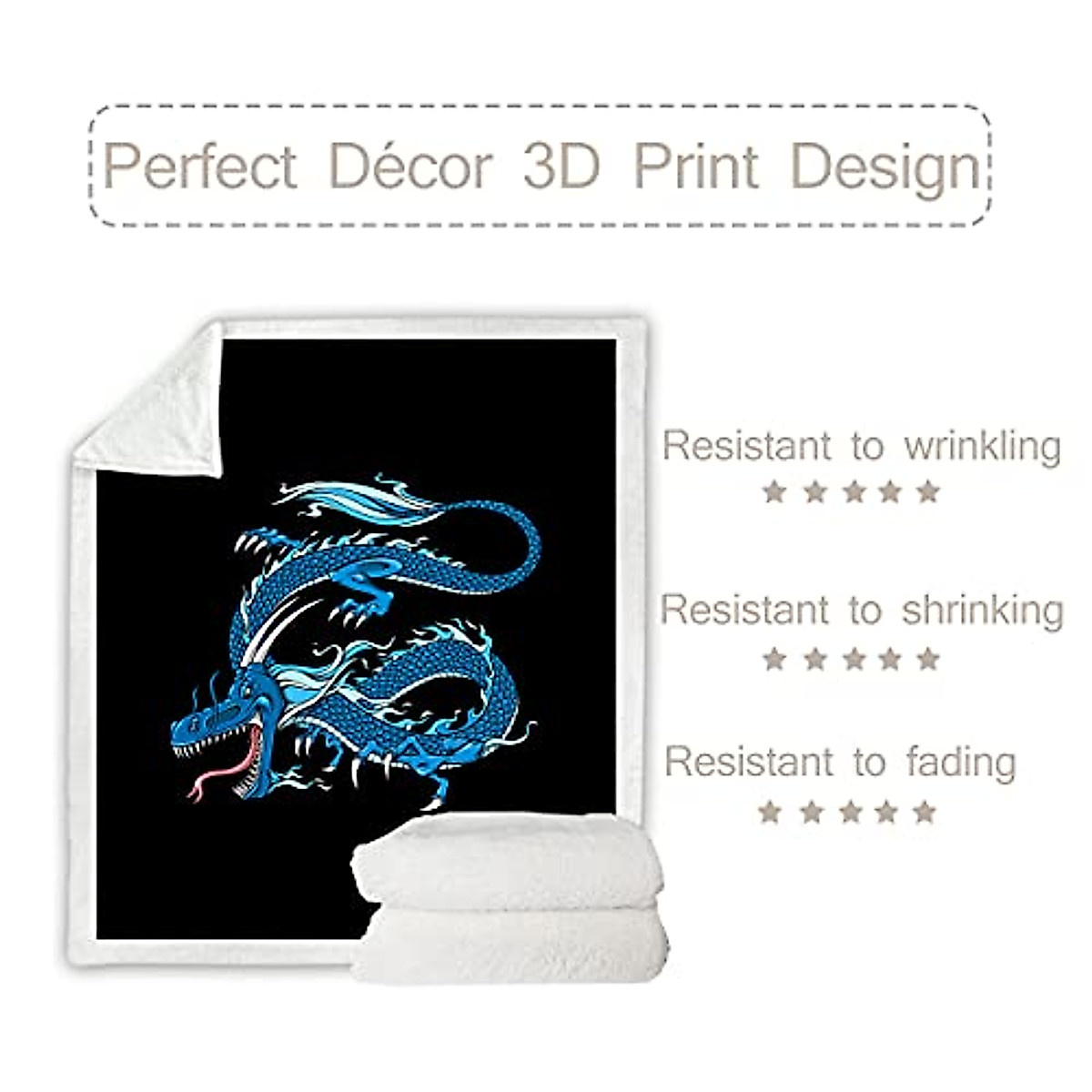 Sleepwish Traditional Fluffy Microfiber Fleece Throw Blue Chinese Dragon Sherpa Throw Blanket Throw(50"x60") Super Soft Reversible Ultra Luxurious Plush Blanket