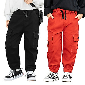 MINI PANDA Toddler Boy Pants, Little Boys 2-Pack Pull On Pants (Black+Red, 4T)