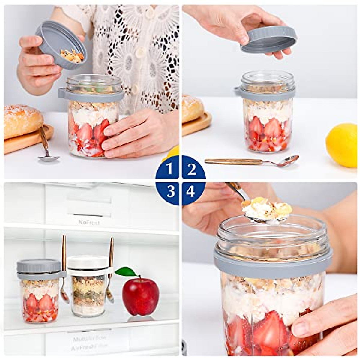 Xigugo Overnight Oats Container with Lid and Spoon,Overnight Oats Jars, 106 oz Cereal, Milk, Vegetable and fruit Salad Storage Container with Measurement Marks (grey2)