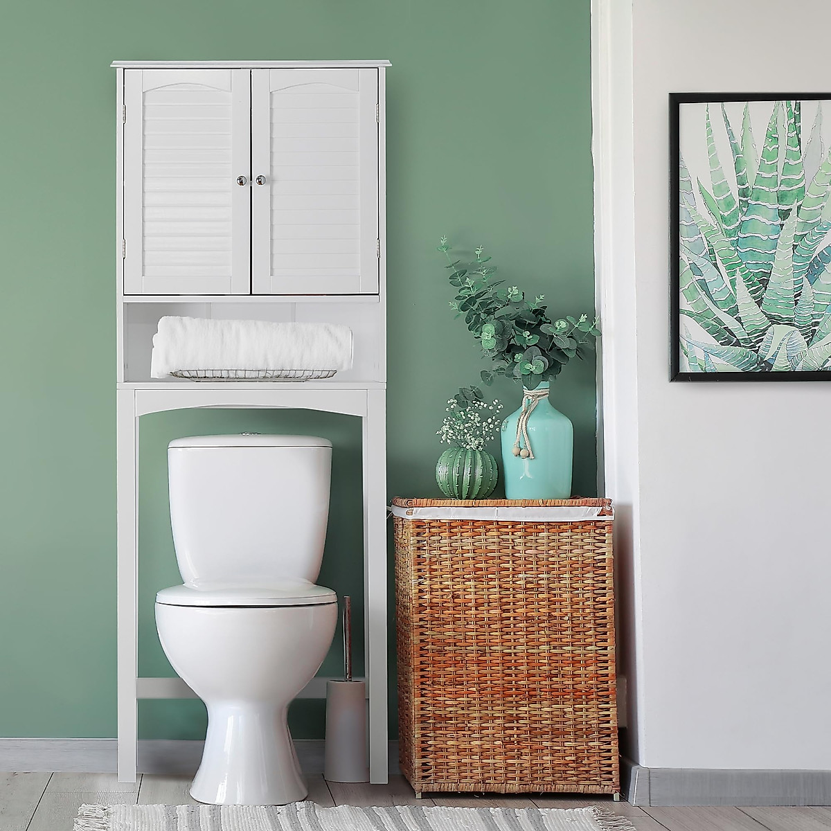 Teamson Home Louis 25 in. x 64 in. Freestanding Wooden Over-The-Toilet Storage Cabinet for Bathrooms, Powder Rooms, and En Suites - Bathroom Etagere, White