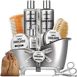 Mens Gifts, Sandalwood Beard Grooming Kit, Mens Grooming Kit for Boyfriend Dad, Him, 11pc Beard Straightener for Men Beard Care, Beard Growth and Trimming Gift, Beard Wash Growth Oil & More
