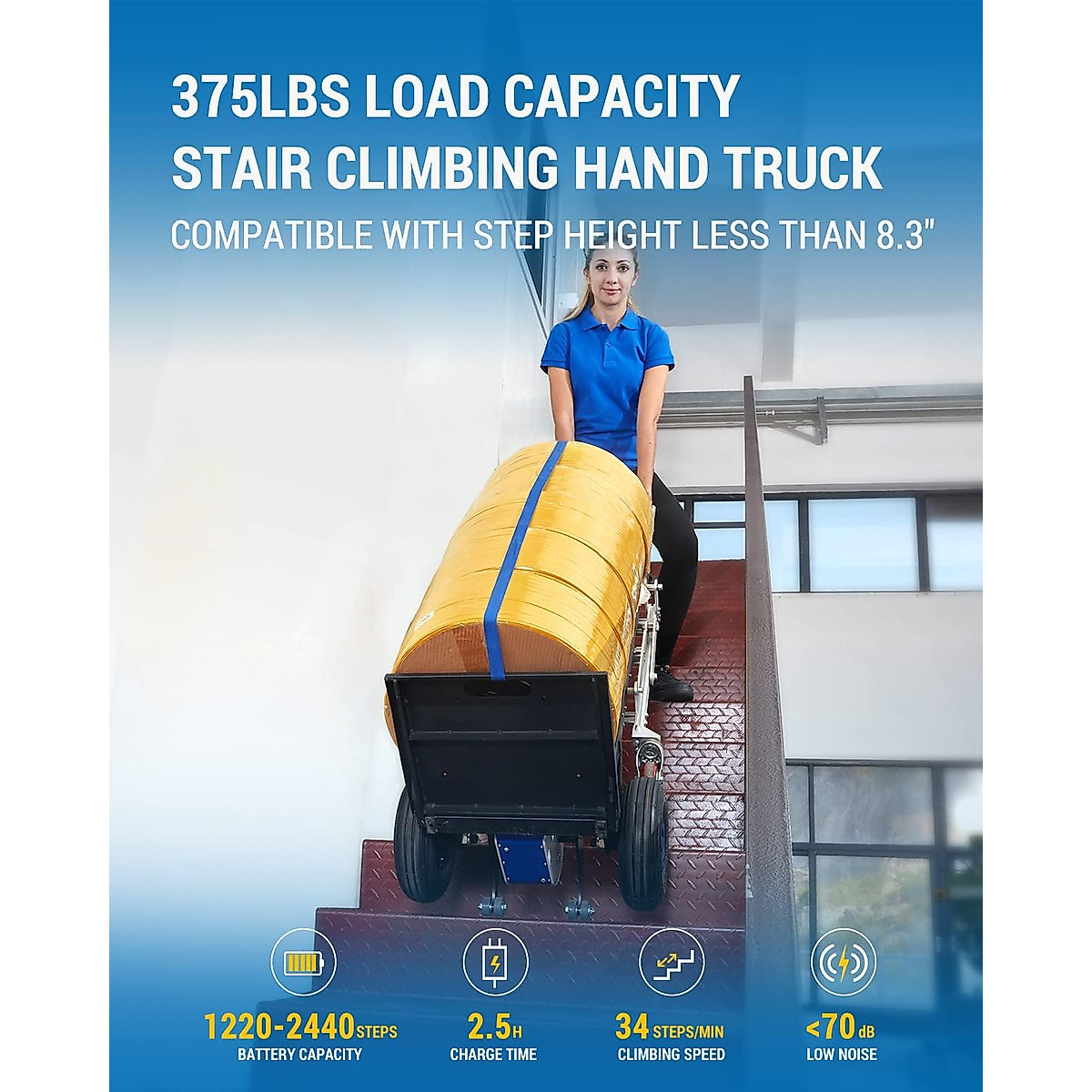 XSTO Electric Stair Climber, 375lbs Load Capacity Aluminum Stair Climbing Dolly Cart, 1200W Peak Power Motor Electric Dolly, Powered Hand Trucks with Ergo Telescoping Handle & Pneumatic Wheels