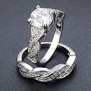 JunXin Round Cut 1.5ct Swarovski Crystal White Gold Bridal Set Engagement Rings Wedding Band Size8