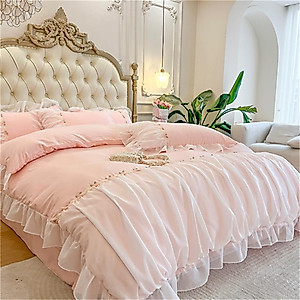 MOOWOO Pink Bedding-Romantic Ruffle Lace Bedding Set 2 Piece Comforter Twin Duvet Cover with Zipper Closure,Coquette Room Decor-Pink,Twin Size