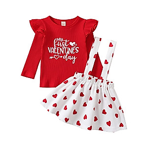 My First Valentine's Day Toddler Girls Outfits Ruffle Ribbed Long Sleeve Shirt Top Heart Print Tutu Suspenders Skirt (Red, 4-5T)