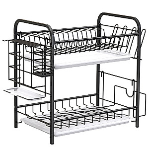 Auledio 2 Tier Dish Drying Rack with Utensil Knife Organizer Cutting Board Holder Dish Drainer Removable Drain Board,Black