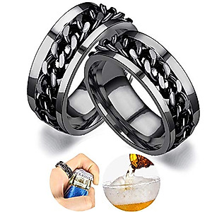 Byhoo 8mm Bottle Opener Finger Ring Rotatable Beer Bottle Cap Opening Tool Remover for Women Men at Party, Inner Chain Spinner of Polished Stainless Titanium Steel Jewelry All Black Size 11 (2 PCS)