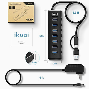 Powered USB 3.0 Hub, ikuai 7-Port 3.0 Data Aluminum USB Hub Splitter with 24W AC Adapter and 3.3ft Extended Long Cable for PC, Laptop, PS4, HDD, Flash Drive