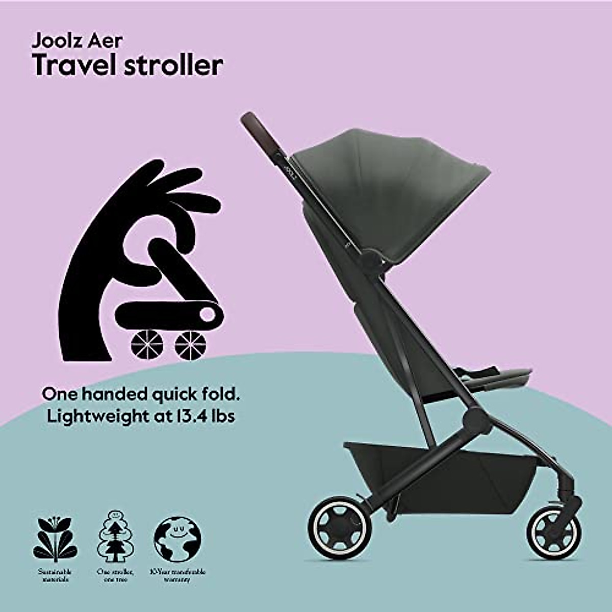 Joolz AER Premium Stroller for Babies from 6 Months up to 50 lbs, Compact & Comfortable, Lightweight, One-Handed Quick Fold, XXL Sun Hood, Raincover & Travelbag Included - Mighty Green