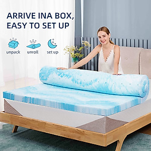 Opoiar 2 Inch Cooling Gel Memory Foam Mattress Topper in a Box, Medium Firm Mattress Topper for Pressure Relief & Temperature Regulation,CertiPUR-US Certified, Blue&White(Queen)