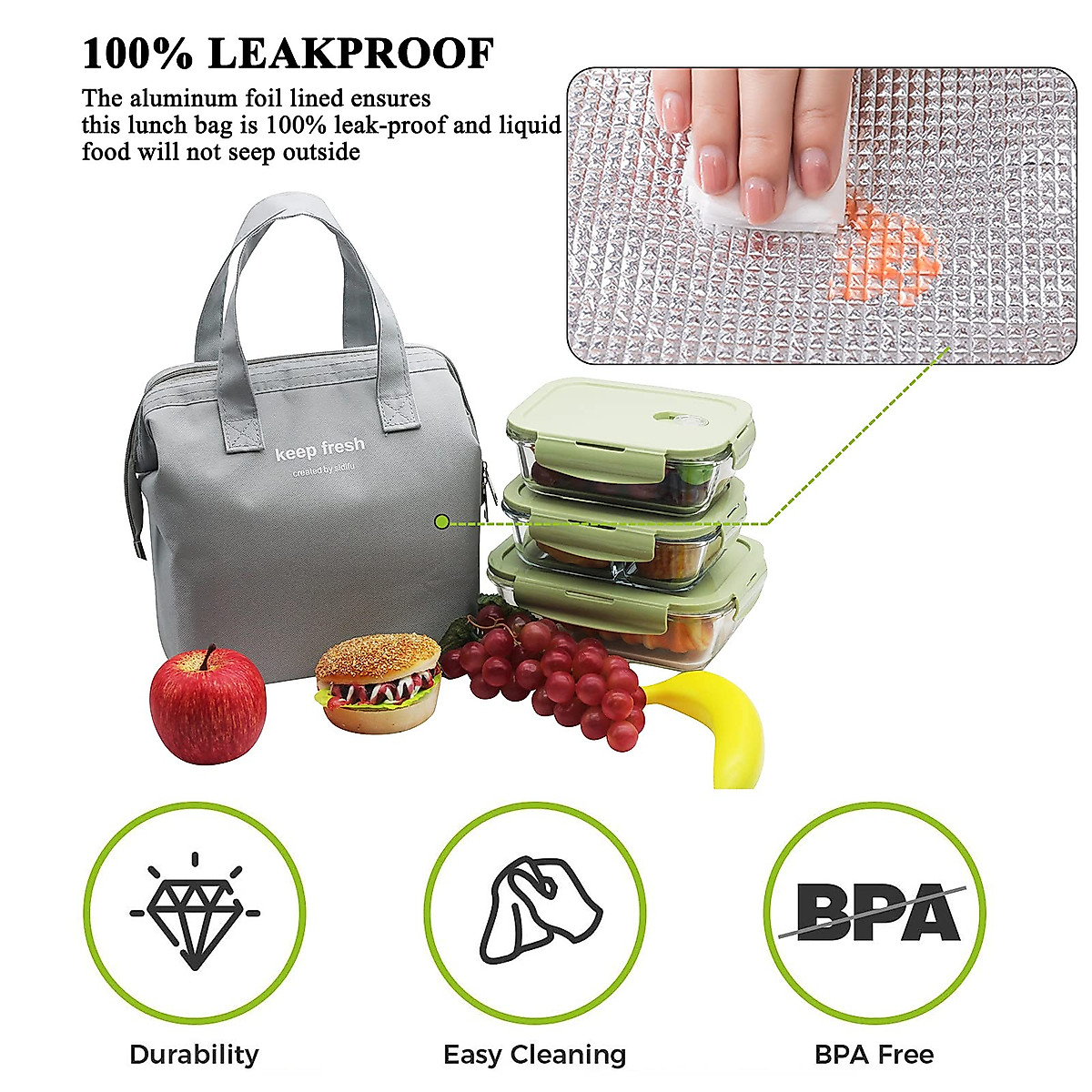 Mziart Insulated Lunch Bag Simple Bento Cooler Bag Lunch Tote Bag for Lunch Box for Women Men Adult Picnic Working Hiking Beach (Grey)