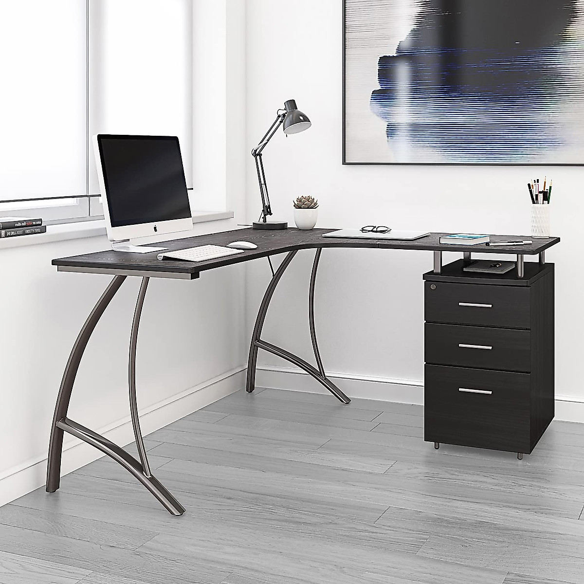 Techni Mobili Modern L Shaped Computer Desk with File Cabinet and Storage, Workstation Table with MDF Panels and PVC Laminate Veneer Surface, Espresso