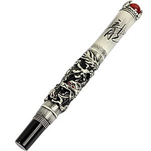 Gullor JinHao Antique Silver Dragon Style 3D Carved Fountain Pen With Red Pearl, Medium Nib, Black