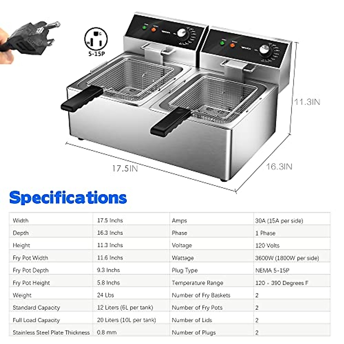 TOPKITCH Commercial Deep Fryer Stainless Steel Dual Tank Electric Deep Fryer with 2 Baskets Capacity 2 X 10L Electric Countertop Fryer for Restaurant and Home Use, 120V 3600W