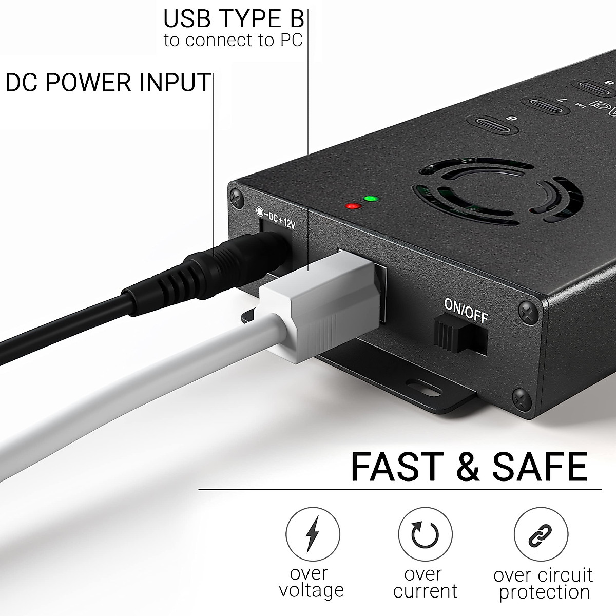 SotMa 10 Port USB C 2.0 Hub - USB Type C Hub - Multi-Port USB-C Hub - Powered USB C Expander for Mining - USB C Big Power Splitter with 12V 10A Power Adapter, LEDs, Mounting Bracket - Black