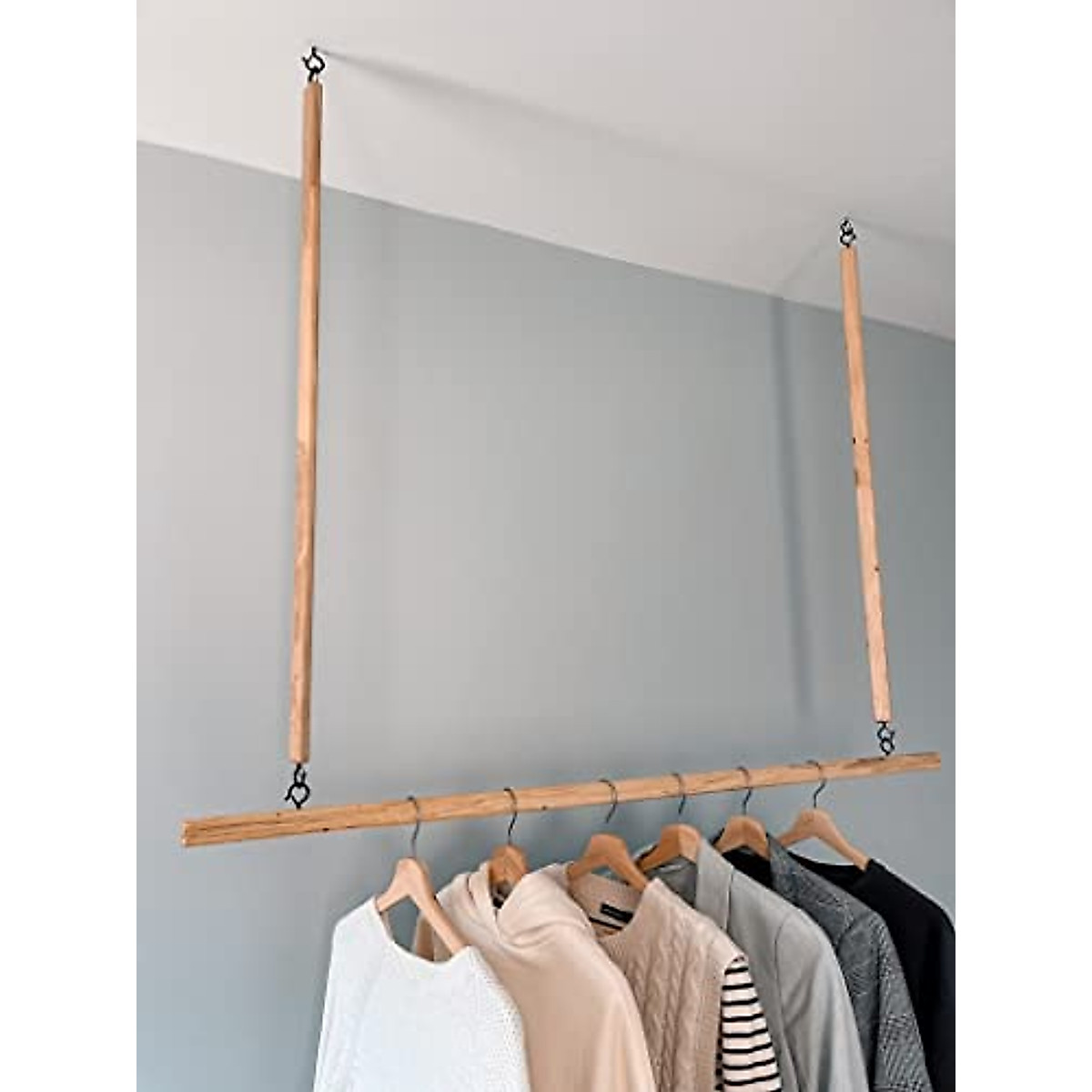 CIRONI Hanging Wood Clothes Rack | Ceiling Mounted Hanging Clothes Rack | Modern Clothes Rail | Floating Rack |Clothing Storage|Bar|Japandi Style