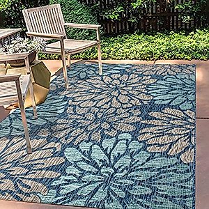 JONATHAN Y SMB110C-4 Zinnia Modern Floral Textured Weave Indoor Outdoor Area-Rug Bohemian Coastal Easy-Cleaning Bedroom Kitchen Backyard Patio Non Shedding, 4 X 6, Navy/Aqua