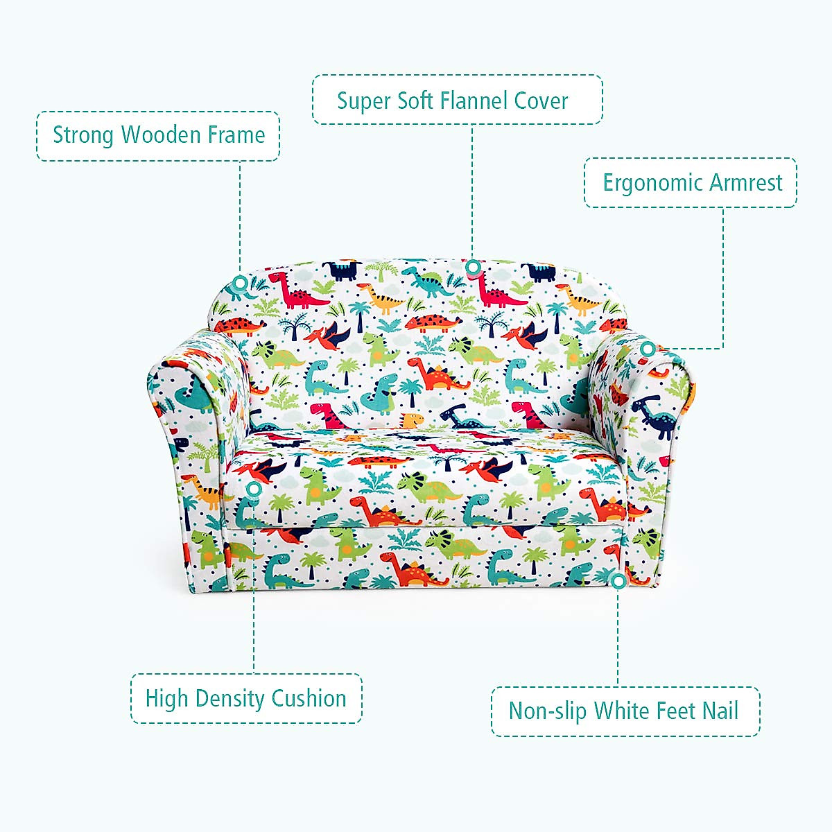 Costzon Kids Couch, Double Seat Children's Sofa w/Dinosaur Pattern, Comfortable Back, Easy to Move, Toddler Armrest Chair for Bedroom, Living Room, Soft Kids Sofa for Preschool Baby Boys Girls Gifts