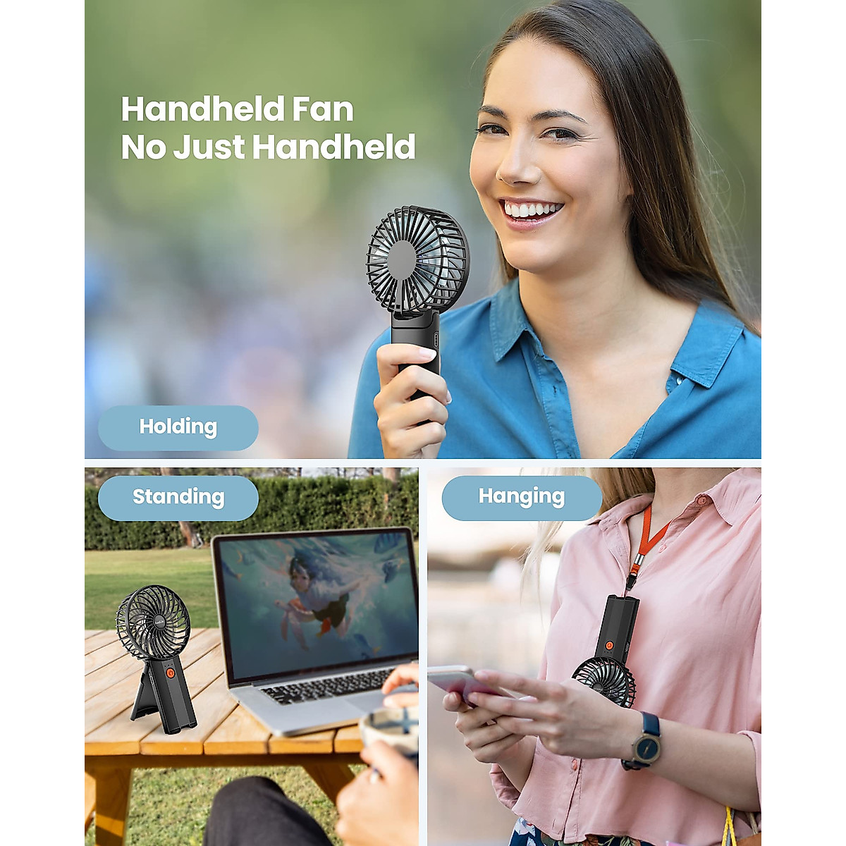 Mini Handheld Portable Foldable Small Fan USB Rechargeable Personal Fan Neckable Desktop 4-speed 3-in-1 Mute Handheld Small Fan 6-15 Hours Continuity Suitable for Summer Travel Camping Outdoor Kids
