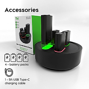 TalkWorks Xbox Battery Charger Station w/ 4 Rechargeable Batteries - 5' Cable Light Up USB-C Multi-Battery Charging Pack for X-Box Game (Black)