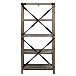 Walker Edison Andersen Urban Industrial Metal X Back 4 tier Bookshelf, 64 Inch, Grey Wash