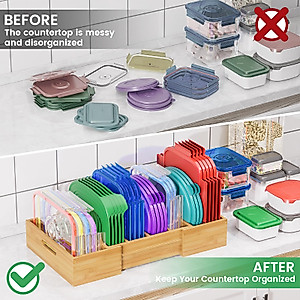 Kiasthome Expandable Bamboo Lid Organizers Inside Cabinet, Kitchen Cabinet Organizers with 3 Adjustable Dividers, Storage Plastic Lids, Food Container Lid Holder Organizer for Drawer Pantry, Nature