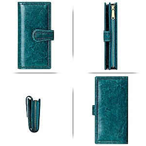 CILLA Womens Leather Wallet Large Capacity Bifold Ladies Zipper Clutch Credit Card Holder With Coin Pouch Oil Wax Design (Turquoise Green)