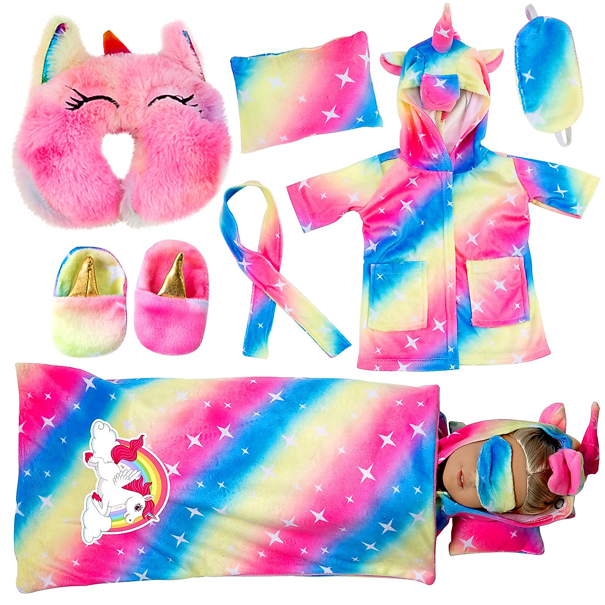 ZNTWEI American 18 Inch Doll Clothes and Accessories - Doll Sleeping Bag Set for American 18 Inch Doll Including Unicorn Pajamas,Sleeping Bag,Pillow,Eye Mask,Shoes