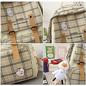 DAHUOJI 5Pcs Kawaii Backpack Set with Badge & Duck Pendant,Japanese Aesthetic Check Bookbag for Girls Cute Plaid School Bags Comes with Tote Bag,Shoulder Bag,Pencil Box,Small Bag(Pink,16in)