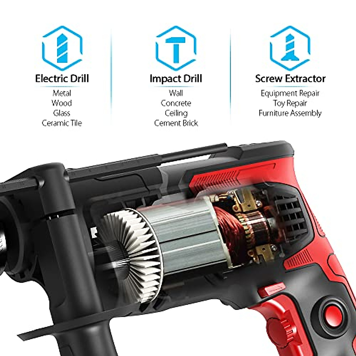 Hammer Drill 850W Impact Drill 1/2-Inch 7 Amp Corded Drill with Variable Speed 0-3000RPM, Hammer and Drill 2 Functions in 1 for Steel, Concrete, Drilling Wood, Plastic Drilling