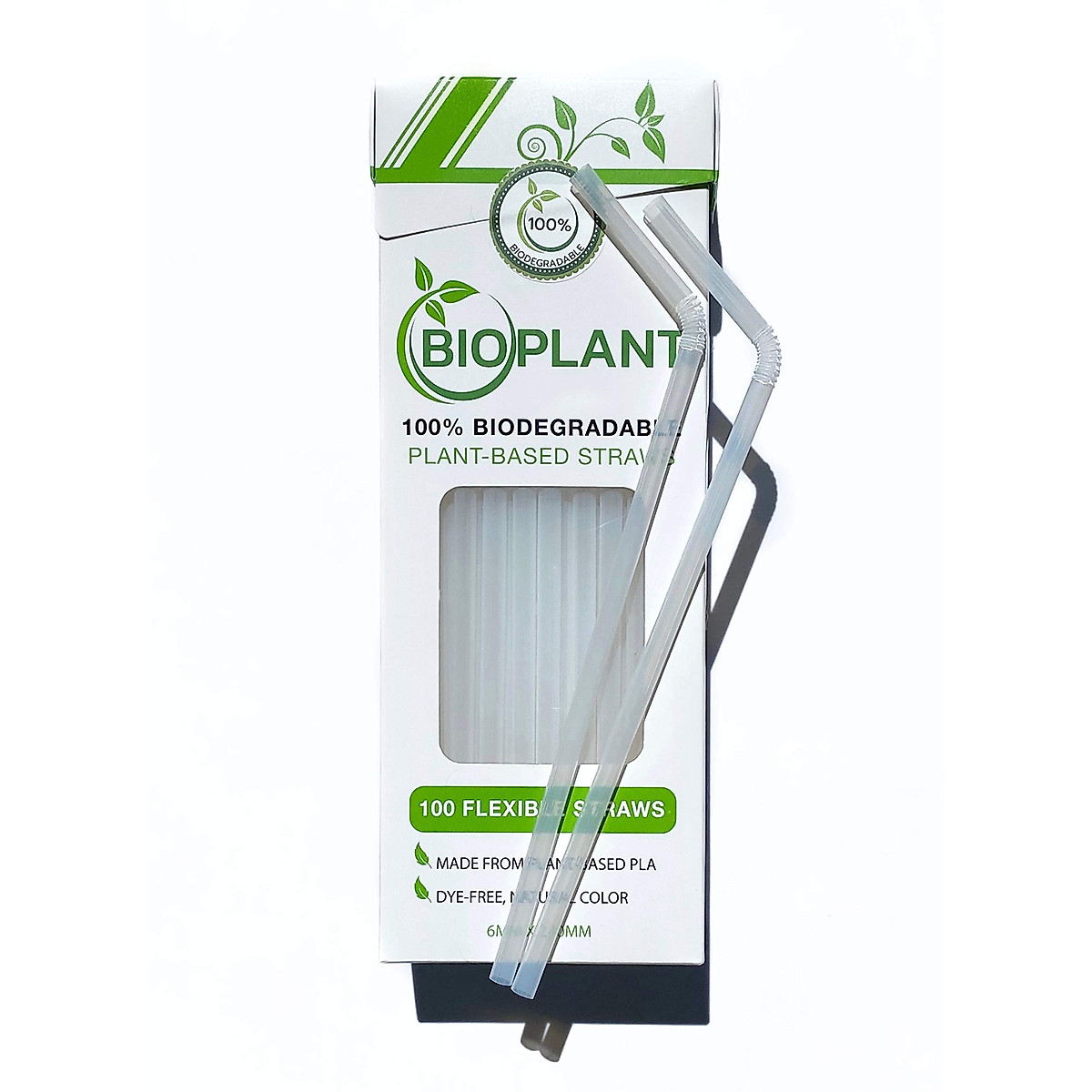 BIOPLANT 100 Pack Plant-based Corn Biodegradable Straws. Flexible Bendable Bendy Straws, Plastic-Free disposable straws. Eco Friendly alternative to Plastic Straws & Not Soggy like Paper Straws