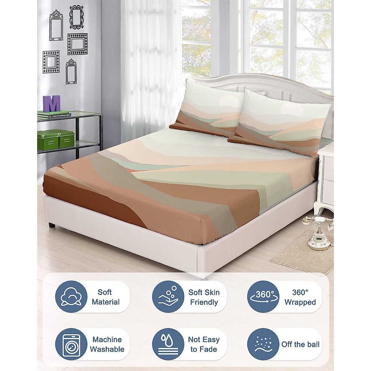 Abstract Painting Mountain Scene Fitted Bed Sheets Full Size Fit 5-16inch Deep Pockets,Luxury Bottom Sheet Bedding Set with Pillow Case,Minimalist Natural Hill Sunset Fitted Sheet for Mattress