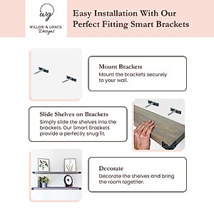 Willow & Grace Designs Modern Rustic Wooden Wall Mounted Shelves with Decorative Iron Corners for Home Rooms, Rustic Gray, 36 Inch, (Set of 2)