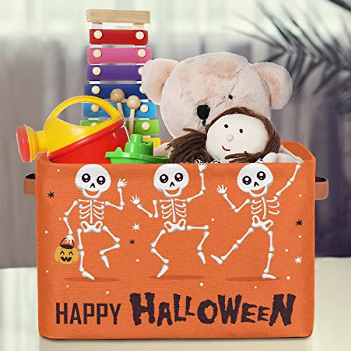 Pardick Happy Halloween Large Collapsible Storage Bins ,Danc Skull Decorative Canvas Fabric Storage Boxes Organizer with Handles，Rectangular Baskets Bin for Home Shelves Closet Nursery Gifts