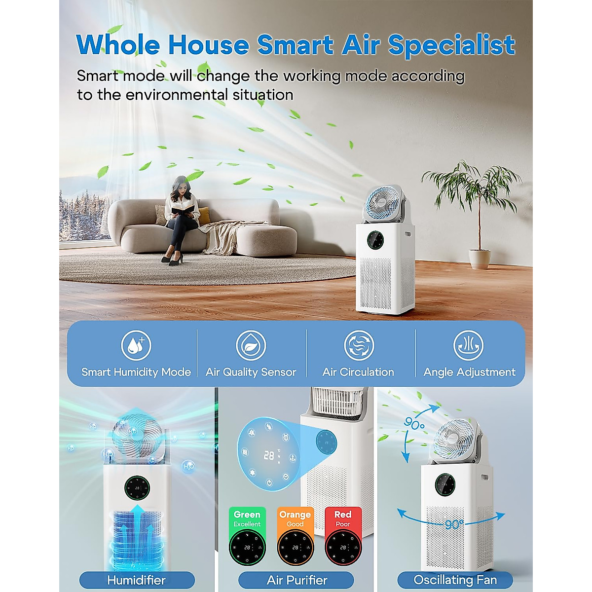 YOKEKON Humidifier and Purifier in One - Purifier and Humidifier Combo with Oscillating Fan, Evaporative Large Room Humidifier for Bedroom, Sleep Mode, Timer, Baby Adults Office Yoga Plants, White, 4L