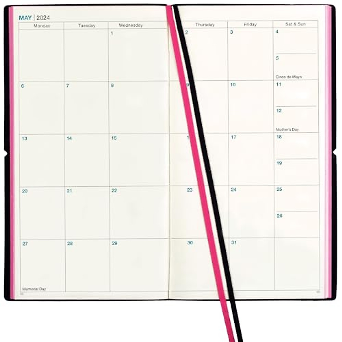 2024 Planner/Pocket Calendar 4"x7": 14 Months (Nov 2023 - Dec 2024) Weekly, Monthly Calendars, Leather Material, Elastic Closure, Decorative Stitching, Page Finder Ribbons and Notes Pages (Pink/Black)