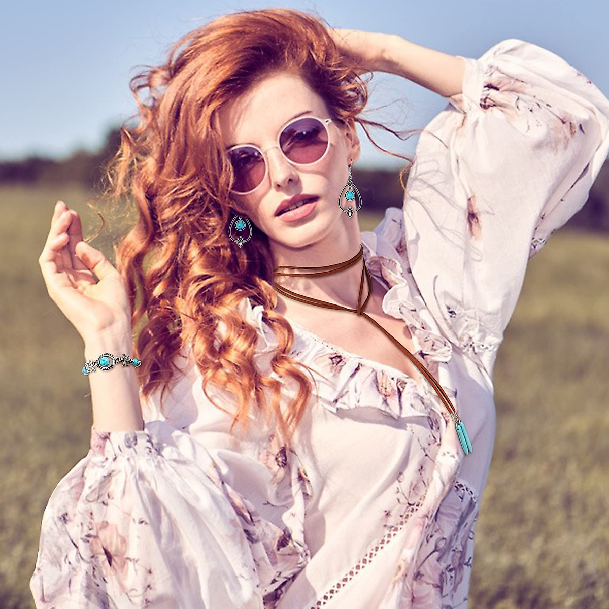 Subiceto Western Jewelry for Women Bohemian Turquoise Boho Turquoise Pendant Long Choker Vintage Turquoise Dangle Earrings Turquoise Faux Leather Layered Bracelets Western Jewelry Set