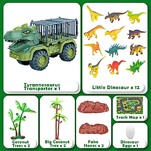 Niwoed Dinosaur Transport Truck Playset, Large Size Tyrannosaurus Vehicle Carrier Car Toys for 3 4 5 6 7 8 9 10 Years Old Boys Girls Kids Gifts, Monster Truck with 12 Dino Figures & Play Mat
