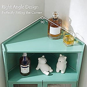 IOTXY 4-Tier Corner Shelf Cabinet - Bamboo Storage Organizer Rack with Moru Acrylic Doors, Standing Bookshelf Display Stand, for Living Room, Kitchen, Home Office, Green