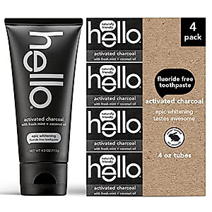 hello Activated Charcoal Epic Teeth Whitening Fluoride Free Toothpaste, Fresh Mint and Coconut Oil, Vegan, SLS Free, Gluten Free and Peroxide Free, 4 Ounce (Pack of 4)