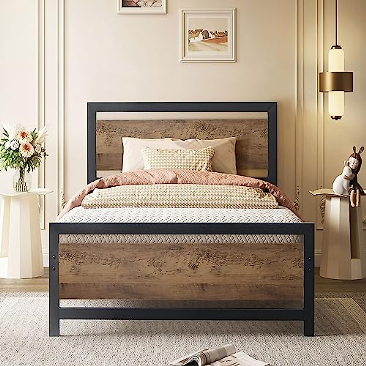 4 EVER WINNER Twin Bed Frames with Wood Headboard, Twin Platform Bed Frame with Heavy Duty Steel Slat Support, Twin Bed Frame for Kids, No Box Spring Needed, Mattress Foundation, Easy Assembly, Black