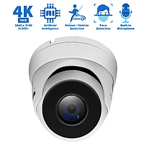 GW Security 8 Channel Smart AI PoE NVR Ultra-HD 4K (3840x2160) Security Camera System with 4 x 4K (8MP) 2160P Face Recognition/Human/Vehicle Detection Waterproof Surveillance IP Dome Camera