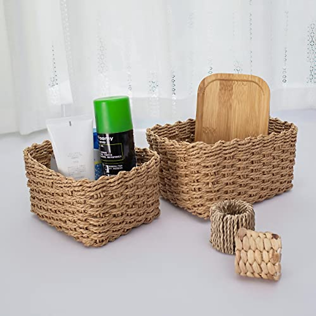 Recycled Wicker Storage Basket, Paper Rope Storage Baskets for Organizing Container Bins for Shelves Cupboards Drawer, Small Woven Basket Set of 3