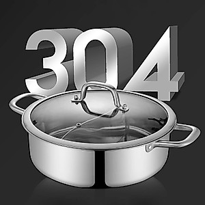 Xuthusman 304 Food Grade Stainless Steel Shabu Shabu Hot pot with Divider&Lid for Induction Cooktop Gas Stove Dual Sided Soup Cookware with 2 Soup Ladles (28cm)