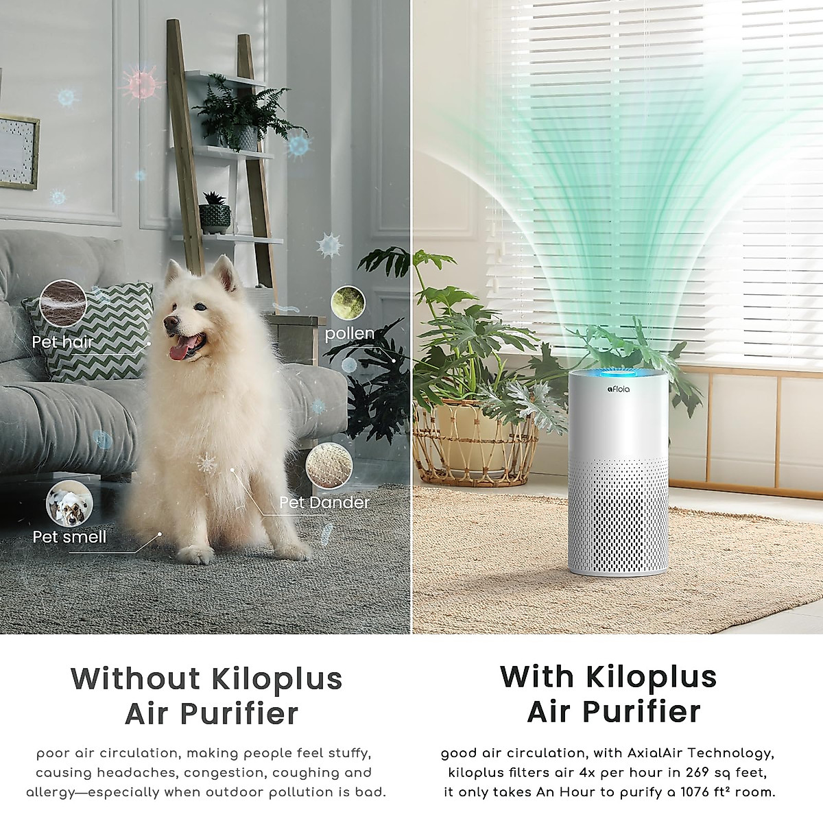 Afloia Air Purifiers for Home Large Room Up to 1076 Ft² with Smart WiFi White, 2 Packs Afloia Pet Allergy Filter
