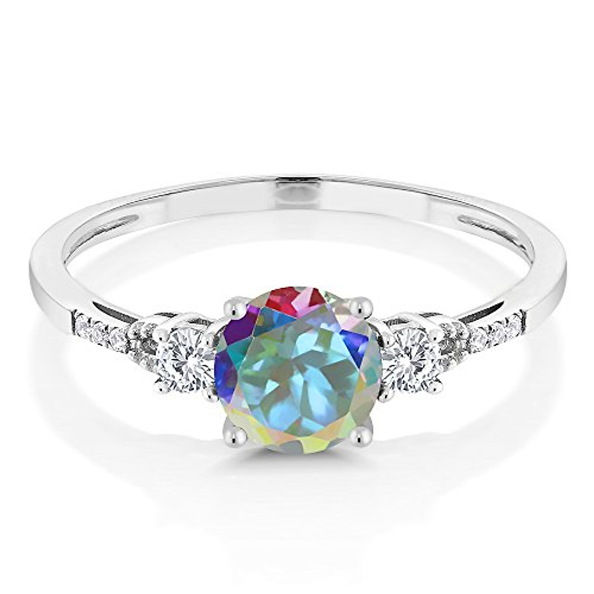 Gem Stone King 10K White Gold 6MM Round Gemstone Birthstone White Created Sapphire & White Diamond Accent 3-Stone Engagement Ring | Three-Stone Wedding Anniversary Promise Ring For Women