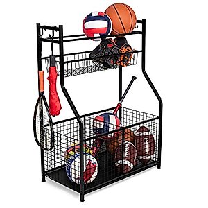 BirdRock Home Sports Equipment Ball Storage Rack for Garage - Baseball, Tennis, Football, Gym and Basketball Gear Organizer - Rack - Wide Bin Basket - 4 Hooks - Tools Garden Shovels Rack - Indoor