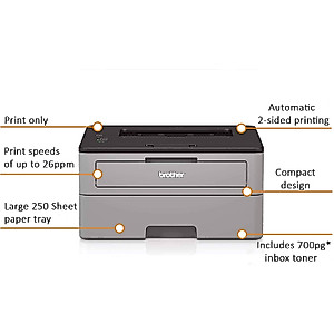Brother HL-L23 00D Compact Wired Laser Monochrome Printer - Auto Duplex Printing - Print Up to 26 Pages/Minute - Up to 250 Sheet Paper Input - 2400 x 600 DPI - Hi Speed USB + HDMI Cable