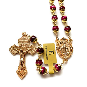 elegantmedical HANDMADE Red Tiger Eye Prayer Beads Catholic Rosary Necklace Gift Box Italy Crucifix Gold (red)
